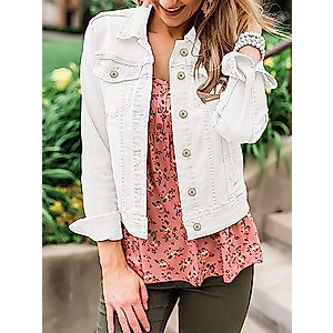 luvamia Women's Casual Denim Jacket Stretch Long Sleeve Button Down Basic Jean Trucker Jacket White Size Medium