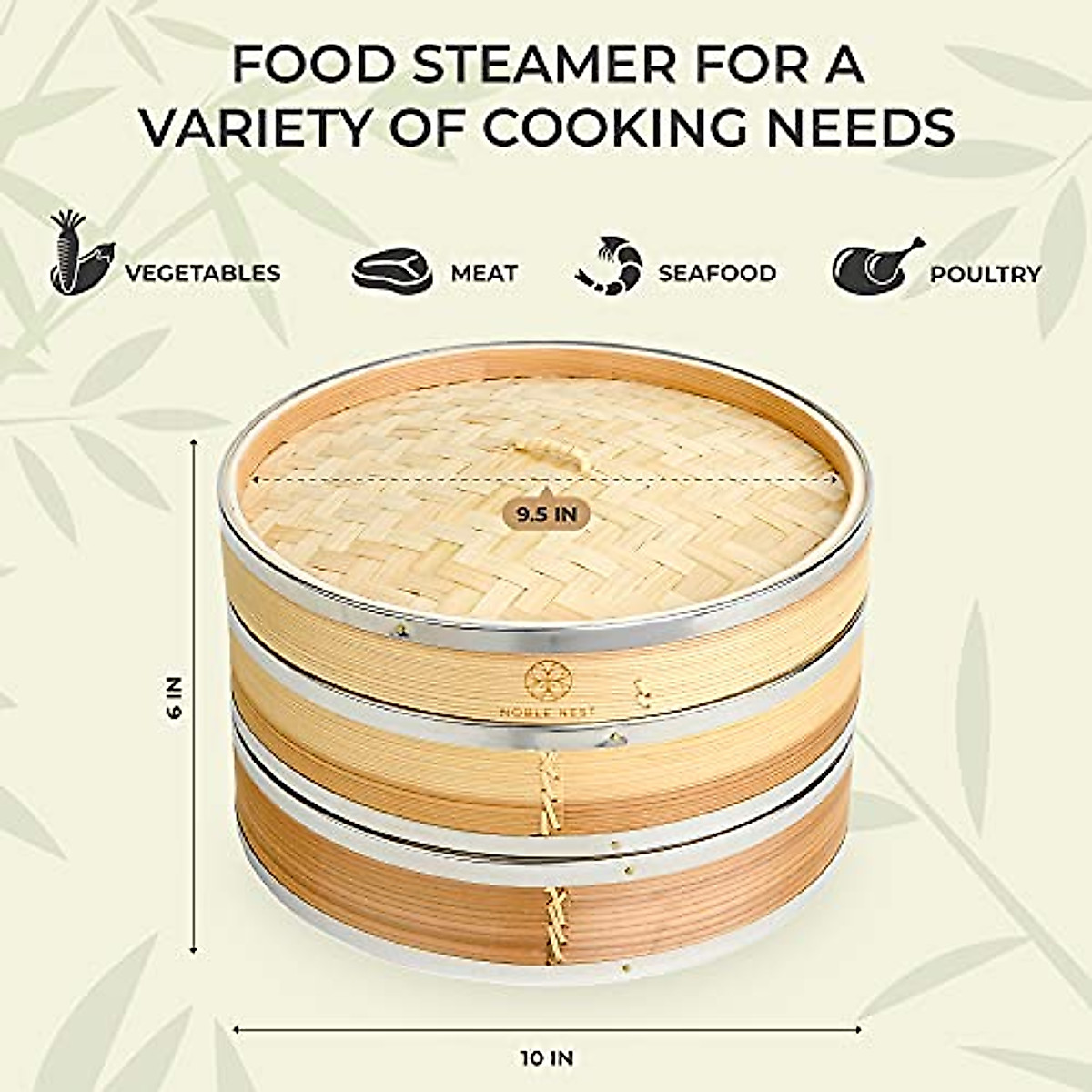 Noble Nest Deluxe Bamboo Steamer Basket 10-inch | 2-Tier Vegetable Steamer for Cooking | Dumpling Maker | Food Steamer Pot | Veggie Steamer | 2-Pairs of Chopsticks, Sauce Dish & 50 Perforated Liners