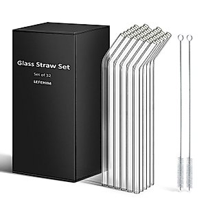 LIFEHIM Reusable Straws Glass Clear: 32 Pack Glass Straws Long Drinking Straws Bendy Wide Smoothie Straw Large Cocktail Straws for Drinks