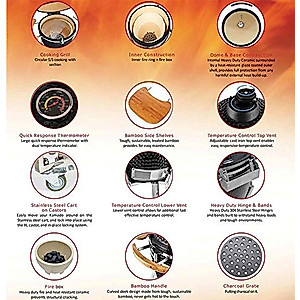 RJMOLU Large BBQ Grill, 24" Smoker Barbecue Grill with 2 Foldable Wooden Side Shelves, Quick Fire Lighter, Ceramic Barbecue for Picnic Garden Terrace Camping Travel