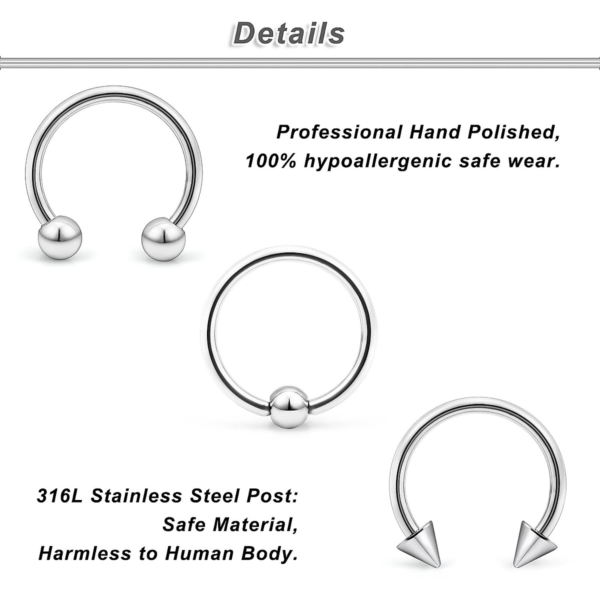 Ocptiy 8G Septum Ring Jewelry Ear Earrring Gauges Tunnel Plug stretching kit Big Large Septum Nose lip Ring Hoop Stainless Surgical Steel Cartilage Helix Tragu Earring Piercing Jewerly Women Men 12mm