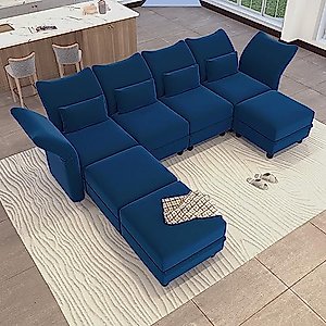 LLappuil Velvet Modular Sectional Sofa 127.7" 7-Seater U Shaped Couch with Storage, High Back Recliner Couches with Chaise for Living Room, Anti-Scratch Blue