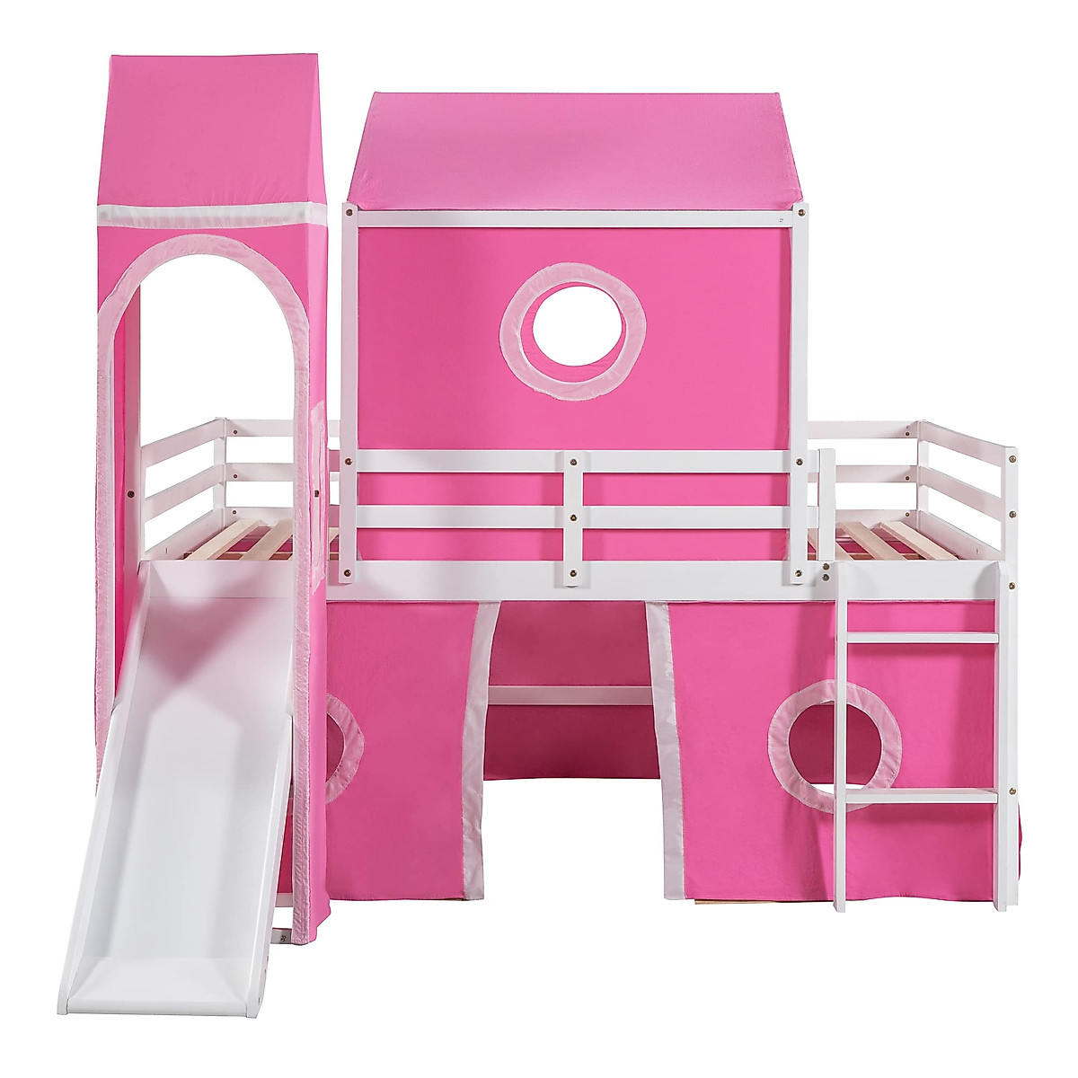 Merax Full Over Full House Bunk Bed, Kids Playhouse Bed, Solid Wood bunk Bed Frame with Slide Pink Tent and Tower, for Girls and Boys, Pink