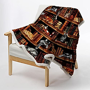 Dropshipful Bookshelf Cat Throw Blanket 50"x60" Plush Fluffy Sherpa Fleece Blanket Soft Throws for Sofa, Couch and Bed