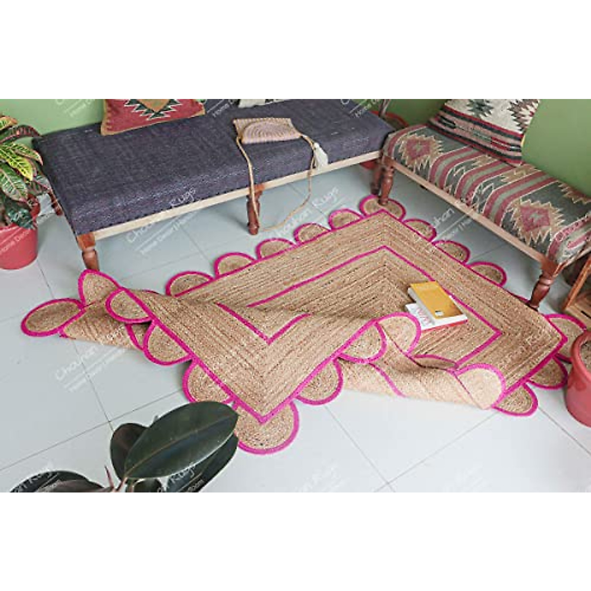 Chouhan Rugs Area Rug Natural Jute Hand Braided Rug Pink Scalloped Runner