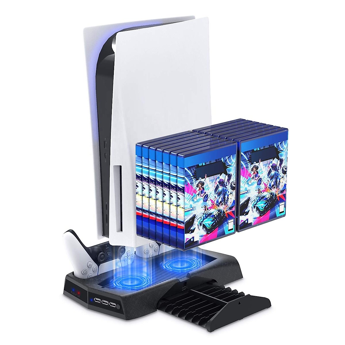 PS 5 Vertical Stand with Cooling Fan for Digital and Disk Edition, Charging Station Dock with Dual Controller Fast Charger Ports and Retractable Game Storage for PS 5 and Controllers