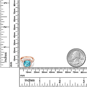 Gem Stone King 3.25 Ct Cushion Checkerboard Swiss Blue Topaz White Created Sapphire 18K Rose Gold Plated Silver Ring (Size 7)