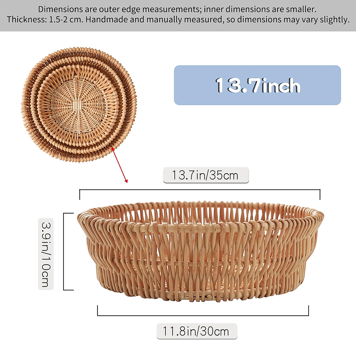 LONGERO Handcrafted Storage Basket, Wicker Round Bowl, Handwoven Shelf Basket, Natural Willow, 1 Pack, Large Size-Top Inner Ø ca 12.5''