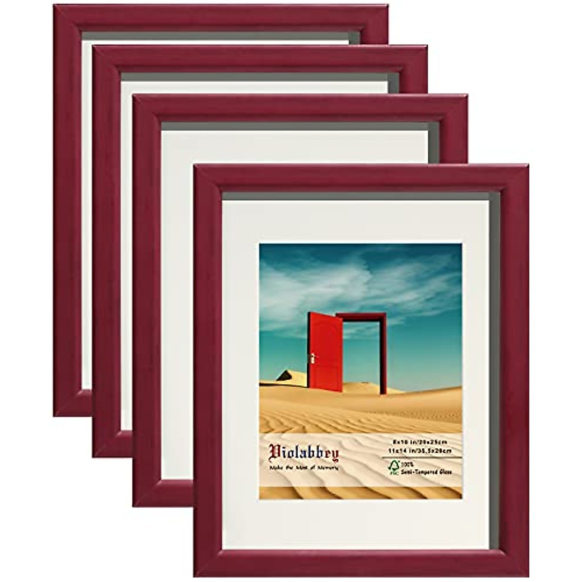 VIOLABBEY 11x14 Picture Frames Red Set of 4, Fits 8x10 Pictures with Mat or 11x14 Photos without Mat, Photo Frame with Real Glass, Vertical or Horizontal for Wall and Tabletop Display