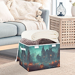 BOESI Castle and Halloween Pumpkin Pattern Foldable Storage Baskets Fabric Boxes with Handle Organizers with Flip-Top Lids Storage Bins for Home Bedroom Office