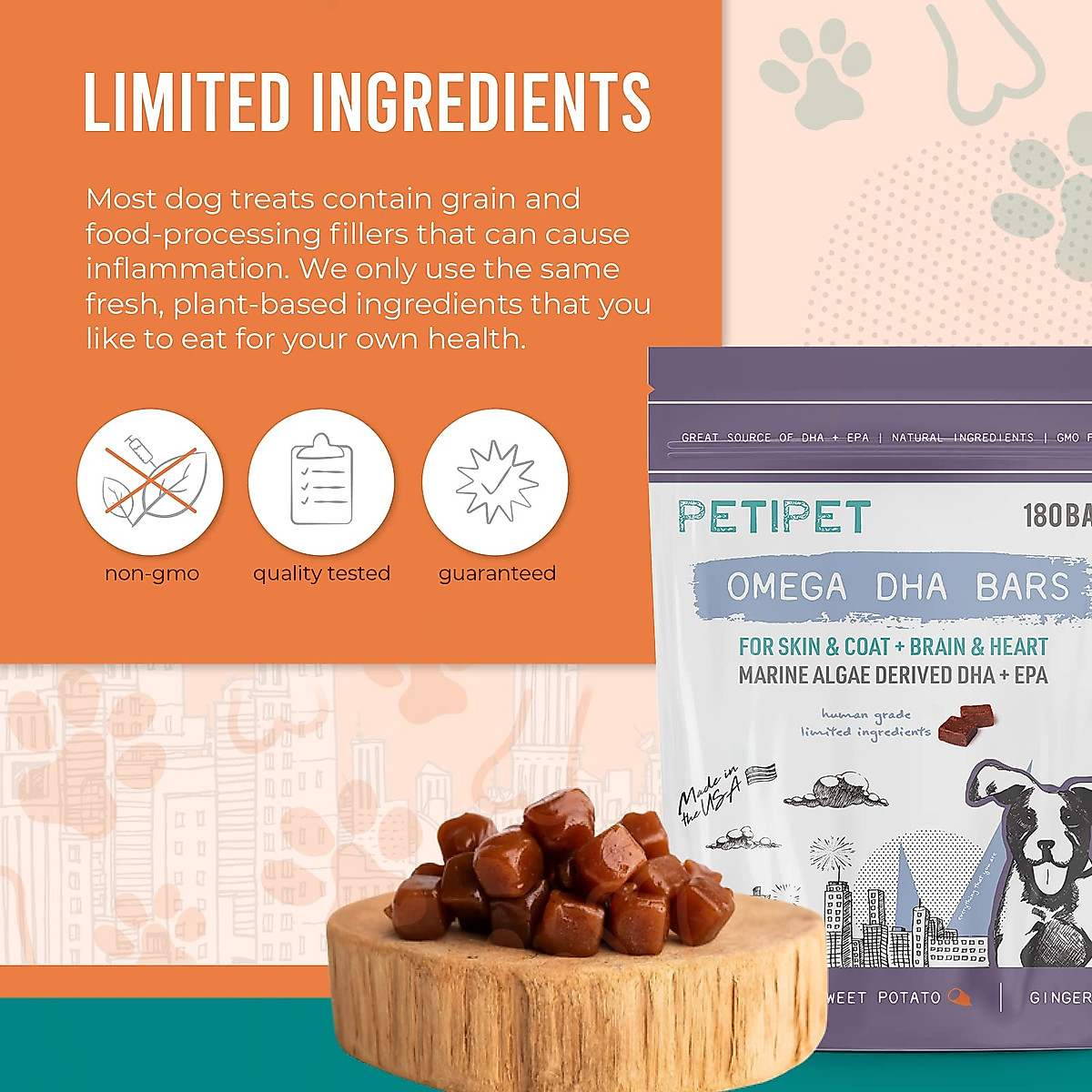 PETIPET Omega 3 Vegan Chew Treats for Dogs - EPA & DHA - Itchy Skin, Soft & Shiny Coat, Shedding, Mange & Hot Spots Treatment, Joint Inflammation, Heart & Brain Health Natural Dog Supplement