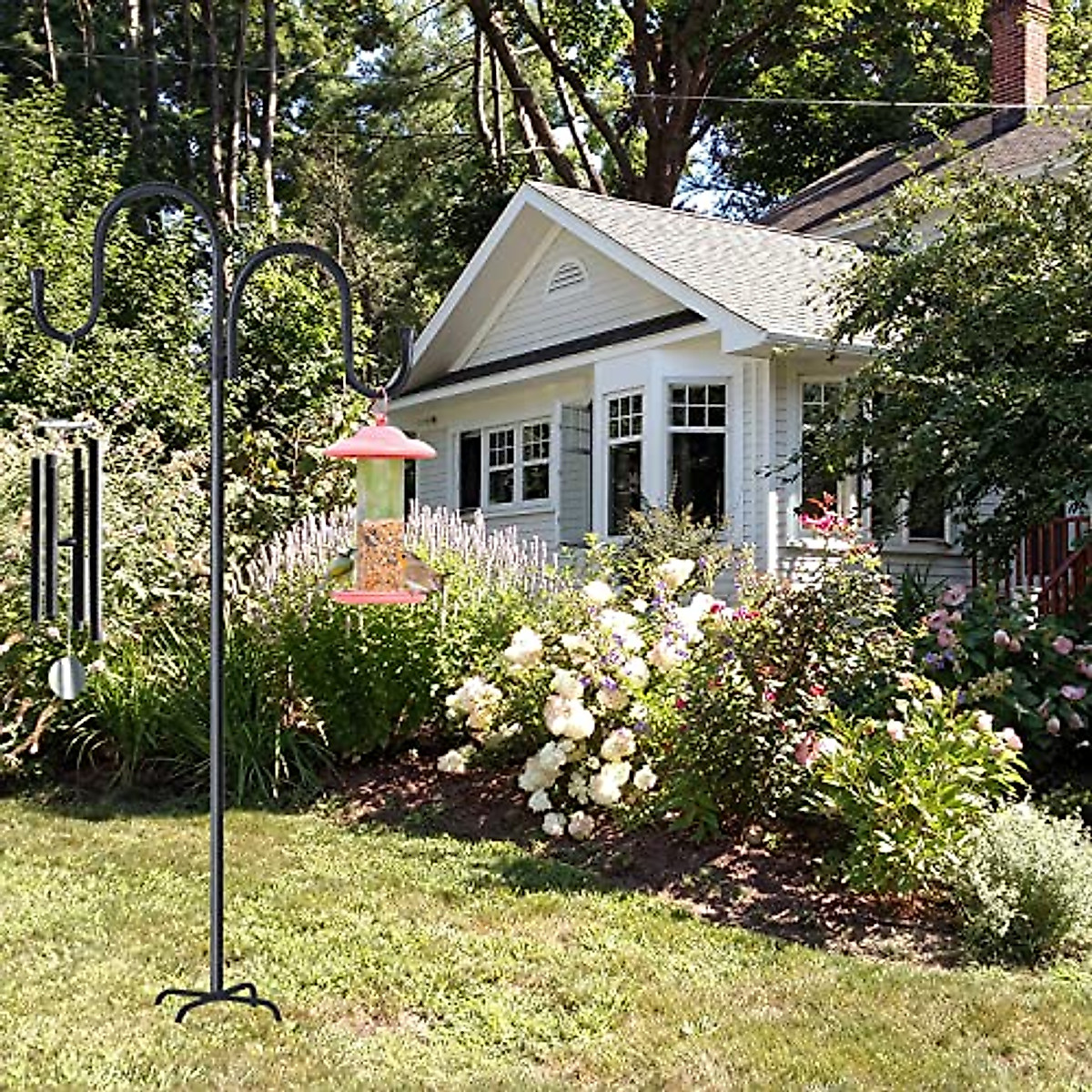 Double Shepherds Hook for Outdoor,62 Inch Bird Feeder Pole with 5 Prongs Base,Adjustable Heavy Duty Garden Hanging Holder for Hanging Plant,Solar Light,Weddings Decor,Hummingbird Feeder(1 Pack)
