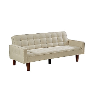 XGWIHLO Linen Fabric Futon Sofa Bed, Small Loveseat, Modern Sofa Couch Adjustable Backrests, Couches for Living Room, Small Space, Bedroom, Apartment (Beige)