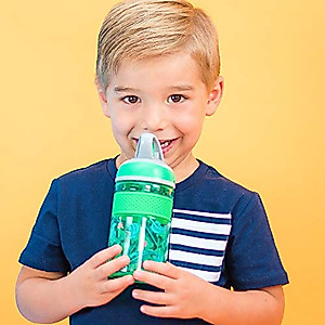 Nuby Thirsty Kids Flip-it Freestyle On The Go Water Bottle with Bite Resistant Hard Straw and Easy Grip Band, Green Banana Leaves, 12 Ounce