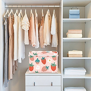 Kigai Storage Basket Cute Strawberry Storage Boxes with Lids and Handle, Large Storage Cube Bin Collapsible for Shelves Closet Bedroom Living Room, 16.5x12.6x11.8 In