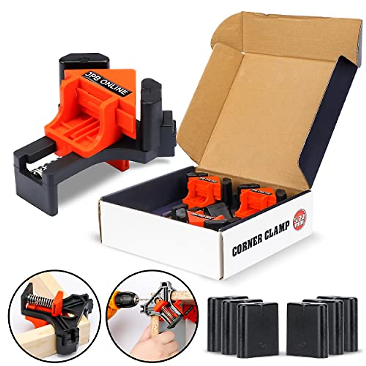 JPB Corner Clamps For Woodworking, 90 Degree Clamp, 4PCS Adjustable Spring Loaded Right Angle Clamp Set for carpenter, drilling, wood cabinets, frame | Pro Carson clamps for woodworking (5-22mm)