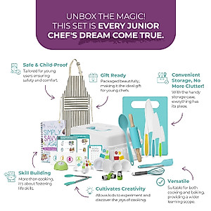 Tovla Jr. Kids Real Cooking and Baking Gift Set with Cookbook and Storage Case- Montessori Complete Cooking Supplies for the Junior Chef - Set for Girls & Boys - Utensils and Kid Safe Knives.