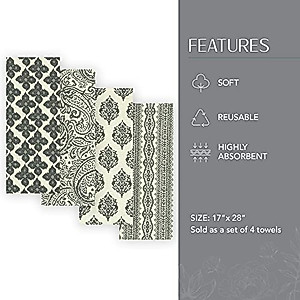 Elrene Home Fashions Everyday Casual Prints Assorted Cotton Fabric Kitchen Towels, Set of 4, 17" x 28", Gray 4 Count