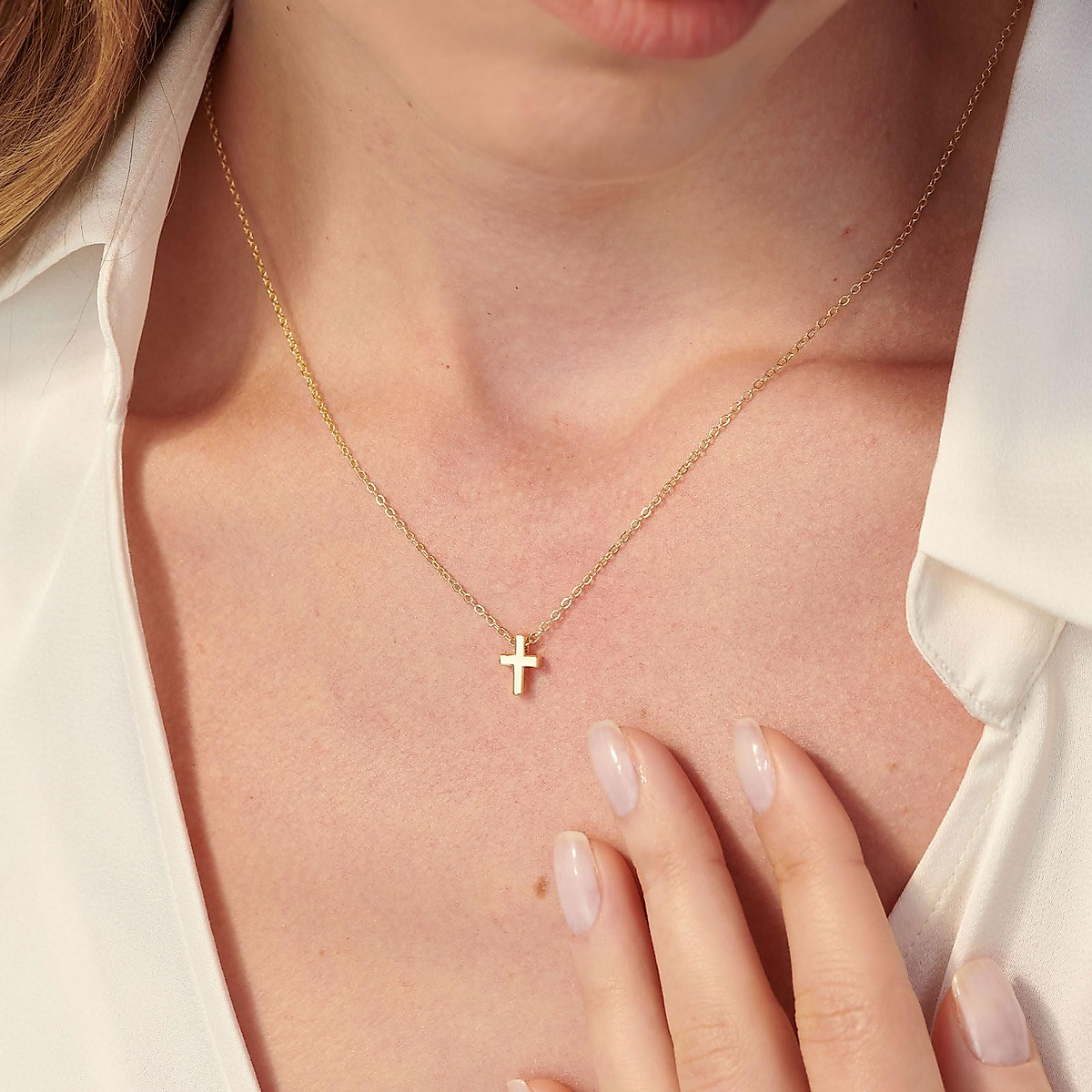 HANLI Cross Necklace for Women, 14k Gold/Silver Plated Dainty Simple Tiny Cross Necklace