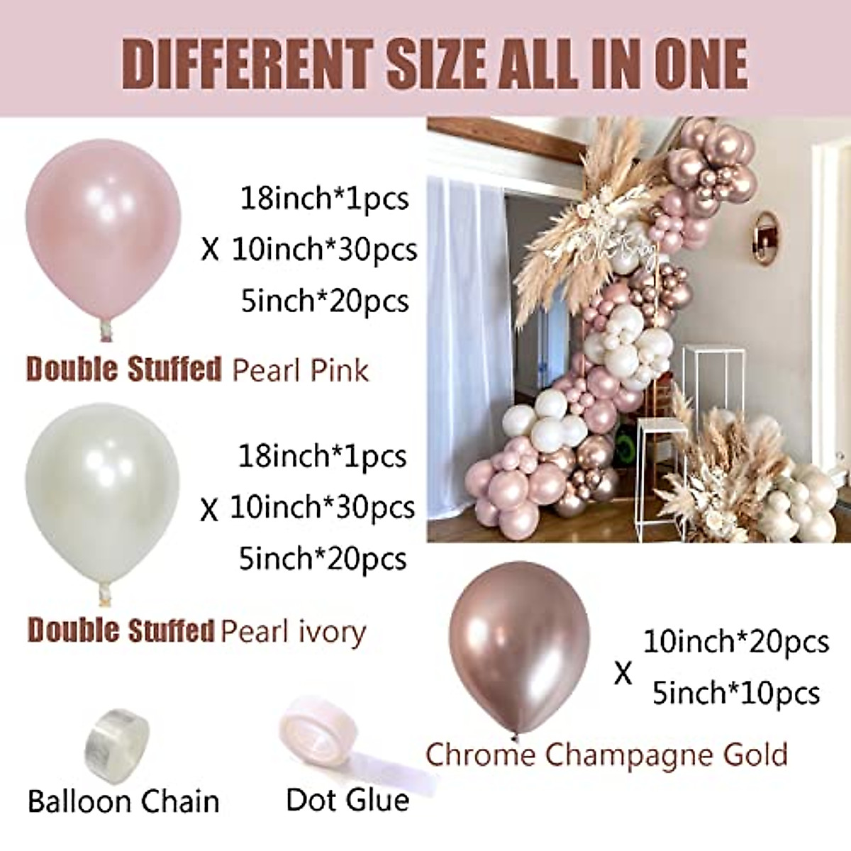 Futureferry Pearl Pink and Ivory White Balloon Garland Kit 134Pcs Double Stuffed Pearl and Metallic Champagne Gold Balloons for Baby Shower Birthday Wedding Engagements Anniversary Party Decoration