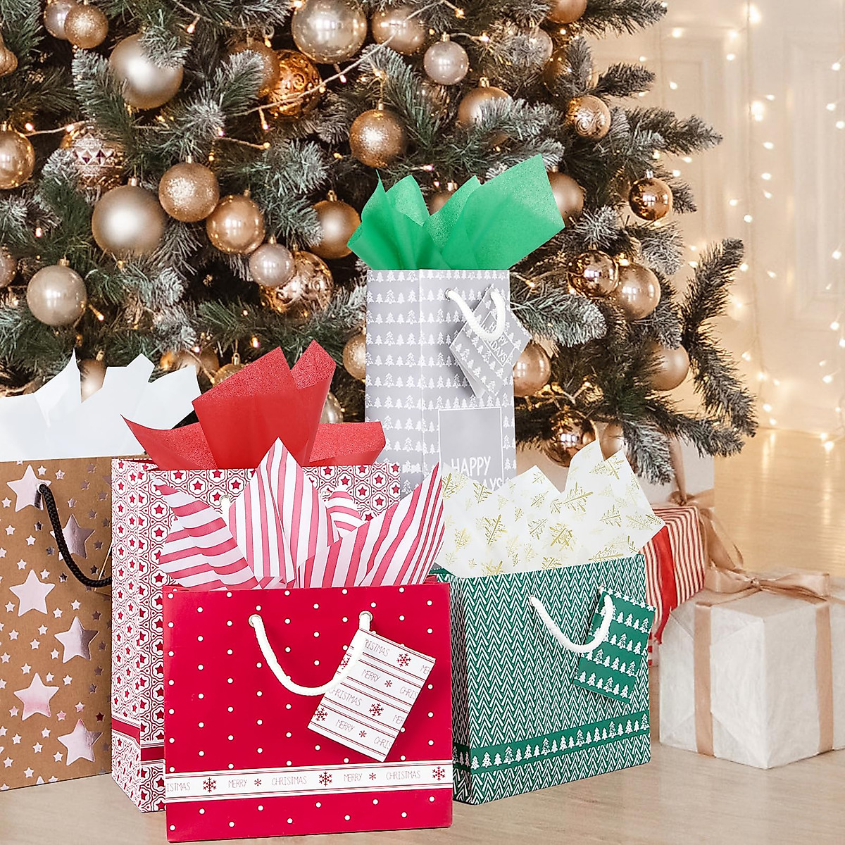 120 Sheets Christmas Tissue Paper for Gift Bags, Christmas Wrapping Paper Bulk Assorted Design Gift Xmas Tissue Paper, Red Green White Tissue Paper for Holiday Crafts (Gold Xmas Tree)