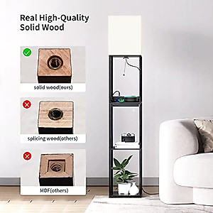 SUNMORY Floor Lamp with Shelves,Modern Dimmable Solid Wood Standing Lamp with 1 Drawer and 2 USB Ports & 2 Power Outlet,Corner Tall Bookshelf Lamp for Living Room and Bedroom(Black)