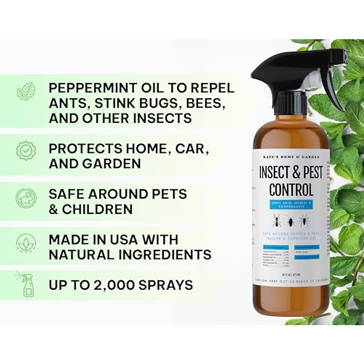Insect & Pest Control Spray for Home and Kitchen with Peppermint Oil & Cedarwood Oil (16oz) - Kate's Home & Garden. Repels Ants, Spiders, Flies, Insects Indoor & Outdoor. Non-Toxic. Made in USA.