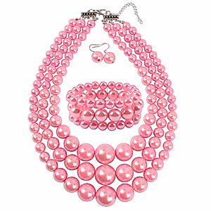 KOSMOS-LI Large Pearl Jewelry Set 3 Layer Simulated Pink Pearl Women's Statement 18" Necklace Bracelet and Earrings