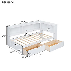 Quarte Twin Size Daybed with Two Storage Drawers, L-Shaped Storage Cabinets and USB Ports, Wooden Platform Bed for Kids Boys Girls Teens Adults (White-U)