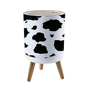 IBPNKFAZ89 Small Trash Can with Lid Black and White Cow Print Seamless from The Country Sunflower Garbage Bin Wood Waste Bin Press Cover Round Wastebasket for Bathroom Bedroom Kitchen 7L/1.8 Gallon
