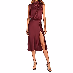 PRETTYGARDEN Women Summer Formal Mock Neck Sleeveless Satin Dress Elastic Waist Slit Midi Wedding Guest Dresses 2023(Solid Deep Red,Small)