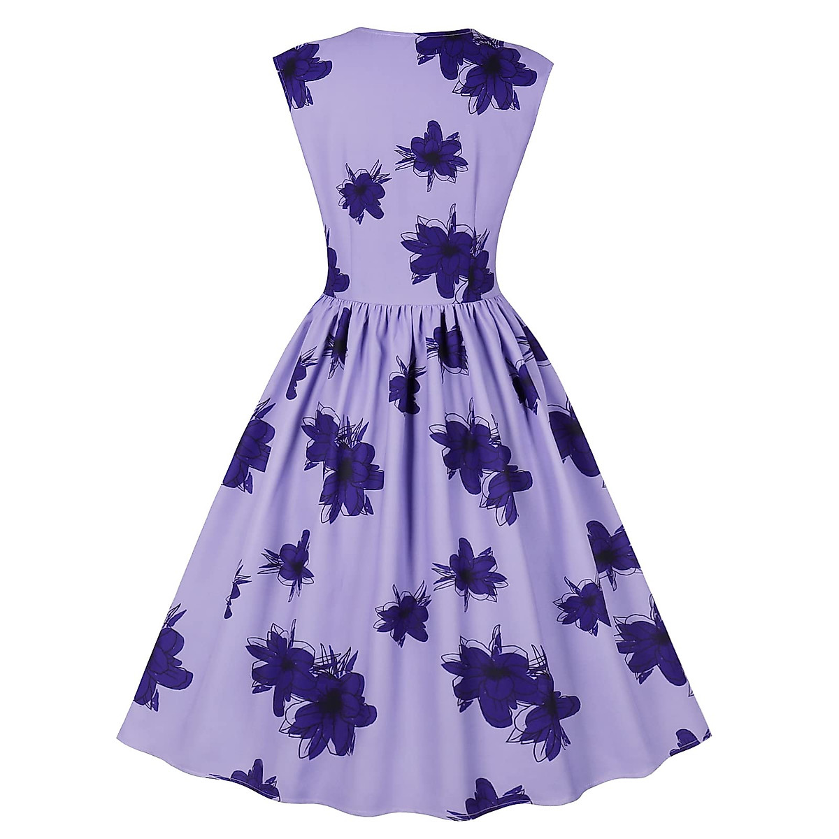 Wellwits Women's Big Floral Print V Neck Sleeveless Button Down Shirt Modest Tea Party Cocktail Formal Special Occasion 1950s Vintage Dress Purple M