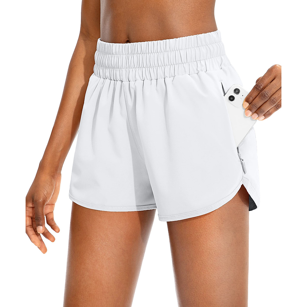 SANTINY Women's Running Shorts with Zip Pockets High Waisted Athletic Workout Gym Shorts for Women with Liner (A White_S)