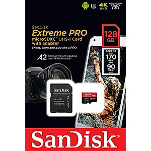 SanDisk Extreme PRO 128GB Micro SDXC UHS-I U3 A2 V30 170MB/s Memory Card with Adapter. Full HD and 4K Ultra HD Video Recording