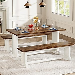 Tribesigns 47" Dining Table Set for 4-6, 3-Piece Kitchen Room Table with 2 Benches, Farmhouse Wood Dinner Table for Small Space, Home Kitchen, White & Rustic Brown