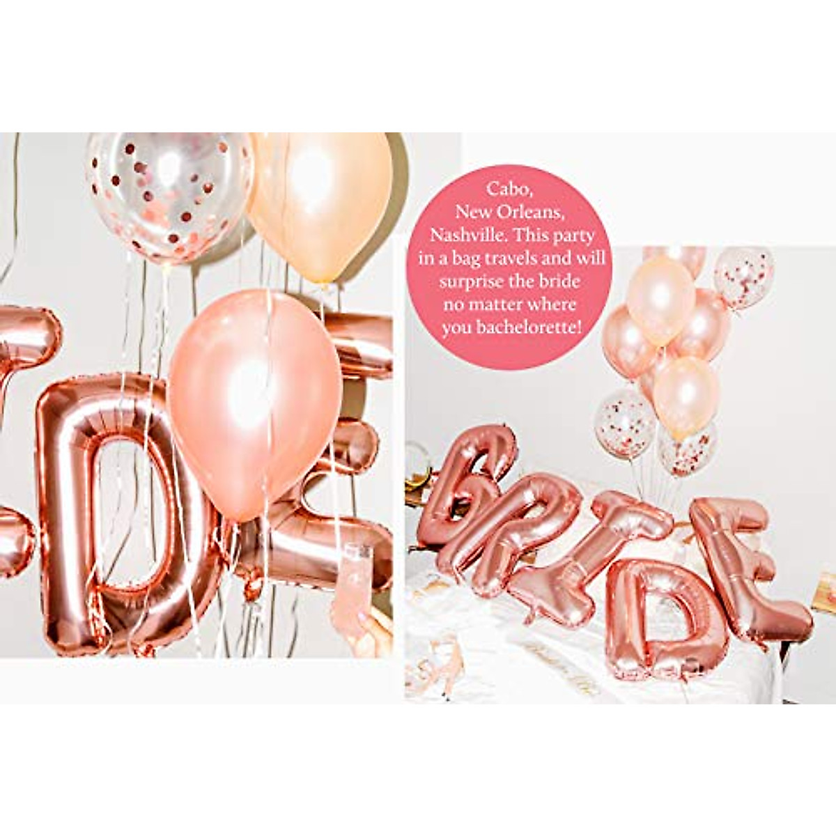 Only the Joy. Bachelorette Party Decorations Kit - Rose Gold Bridal Shower Decor - XL Bride Balloon Letters, Diamond Ring Balloon, Bride Sash, Foil Curtain, Peach and Confetti Balloons + More Supplies