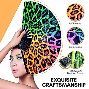 Fansay Fans - Large Hand Folding Fan for Men/Women Chinese/Japanese Bamboo with Leather Cloth Fabric Dance Festival Fan Handheld Folding Fans (Rainbow Cheetah)
