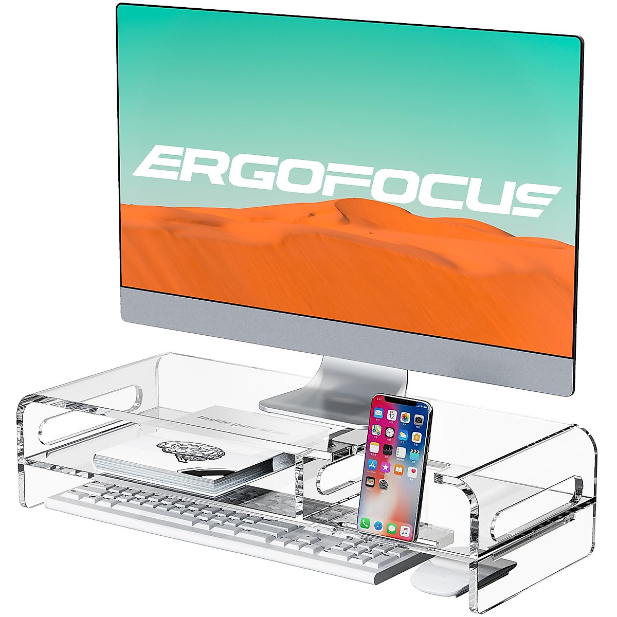 ErgoFocus 20inch Large Acrylic Monitor Stand Riser, 2-Tier Clear Monitor Stand with Built-in Phone Holder, Premium Acrylic Monitor Riser with Keyboard Storage