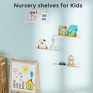 Fun Memories White Picture Ledge Shelves Set of 4, Wooden Kids Nursery Bookshelf 16 Inch, Floating Picture Shelves for Wall with Lip, Solid Wood Photo Ledge Shelves for Bedroom, Living Room, Office