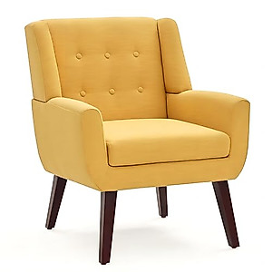 HUIMO Accent Chair, Button Tufted Upholstered Sofa Chairs, Comfy Linen Fabric Armchair for Bedroom, Reading, Mid-Century Modern Living Room Chair (Yellow)