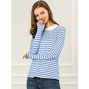 Allegra K Women's Contrast Collar Long Sleeves Peter Pan Collar Striped Blouse Top X-Large Light Blue
