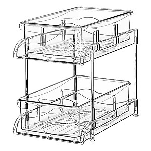 MHHA 2 Tier Clear Under Bathroom Sink Organizers and Storage, Medicine Cabinet Organizer with Dividers,Pull Out Kitchen Pantry Shelf Cupboard Closet Vanity Organization Bins