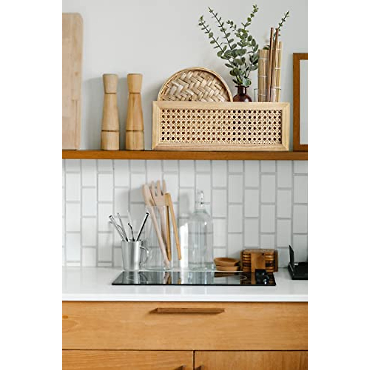 Wood Floating Shelf Rattan Shelve Wall Décor with Towel Rack for Kitchen - Bathroom - Living Room - Laundry Room & Bedroom - Wood Floating Shelves for Wall - Natural Wood Shelves - Rattan Wall Shelf
