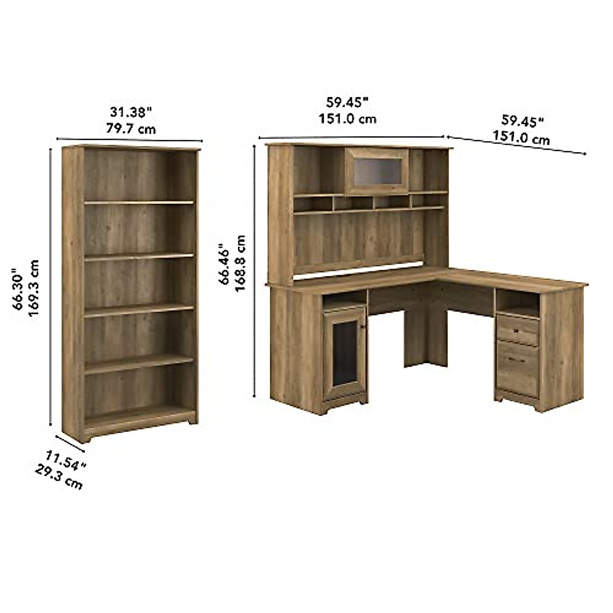 Bush Furniture Cabot L Desk with Hutch and 5 Shelf Bookcase, 60W, Reclaimed Pine
