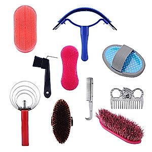 Horse Cleaning Tool Set, 10 Piece Horse Grooming Kit Assorted Hair and Curry Brushes, Hoof Pick, Sweat Scraper Horse Care Kit Equine Grooming Tool Set for Riders, Beginners, Knight, Equestrian
