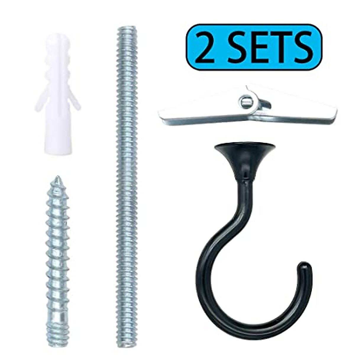 Evsteluo 2 Sets Large Swag Ceiling Hooks Heavy Duty Swag Hook with Hardware for Hanging Plants Ceiling Installation Cavity Wall Fixing (2 Sets, Black)