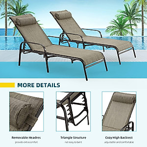 EROMMY Patio Chaise Lounge, Set of 2 Outdoor Lounge Chair, for Beach Pool Sunbathing Lawn Lounger Recliner Chiar Outside Tanning Chairs for All Weather (Grey)