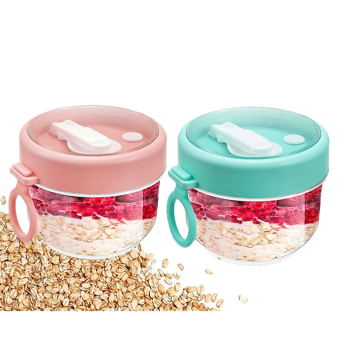 Portable Overnight Oats Containers with Lids and Spoon, Overnight Oats Jars for Breakfast, MealPrep Jar Airtight, 20 OZ, Large, Airtight, Set of 2