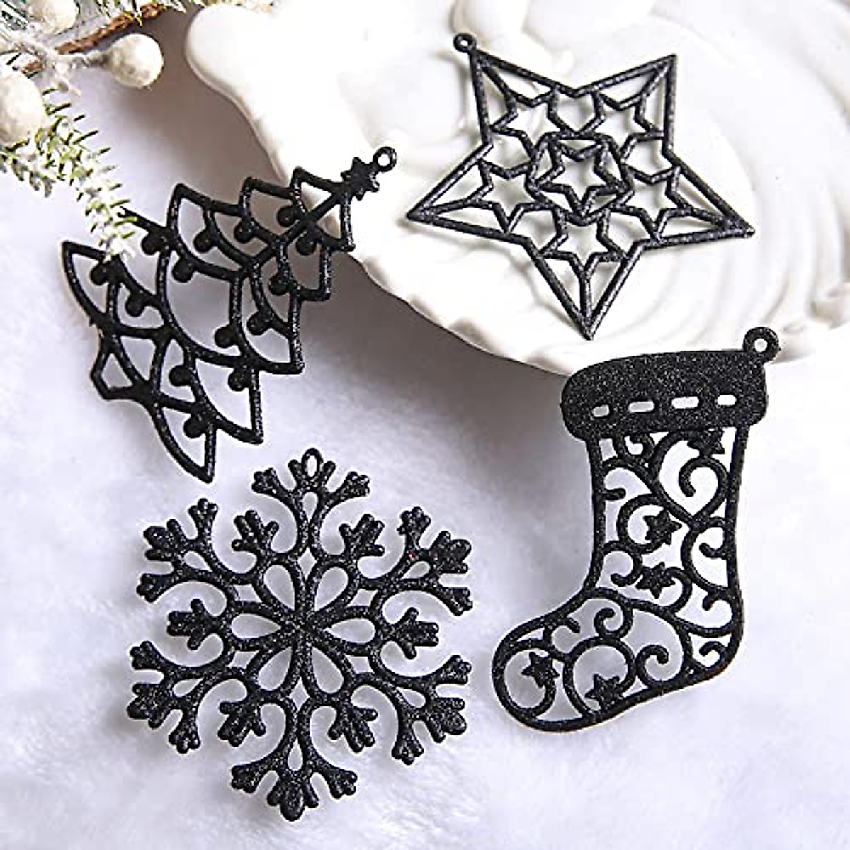 Glitter Snowflake Ornaments for Christmas Tree, 40pcs Black Christmas Decoration Hanging Decorations for Halloween Xmas Tree, Window, Door