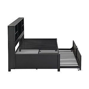 Harper & Bright Designs Twin Bed with Trundle and Storage Bookcase, USB Ports, Solid Wood Platform Bed Frame Twin Size Daybed Sofa Bed for Bedroom Living Room (Twin Size, Black)